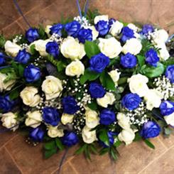White and Blue Rose Casket Spray S106 - Funeral Flowers Aberdeen